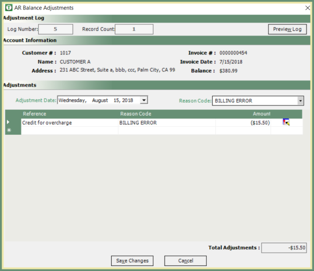 AR Balance Adjustments from Account Inquiry
